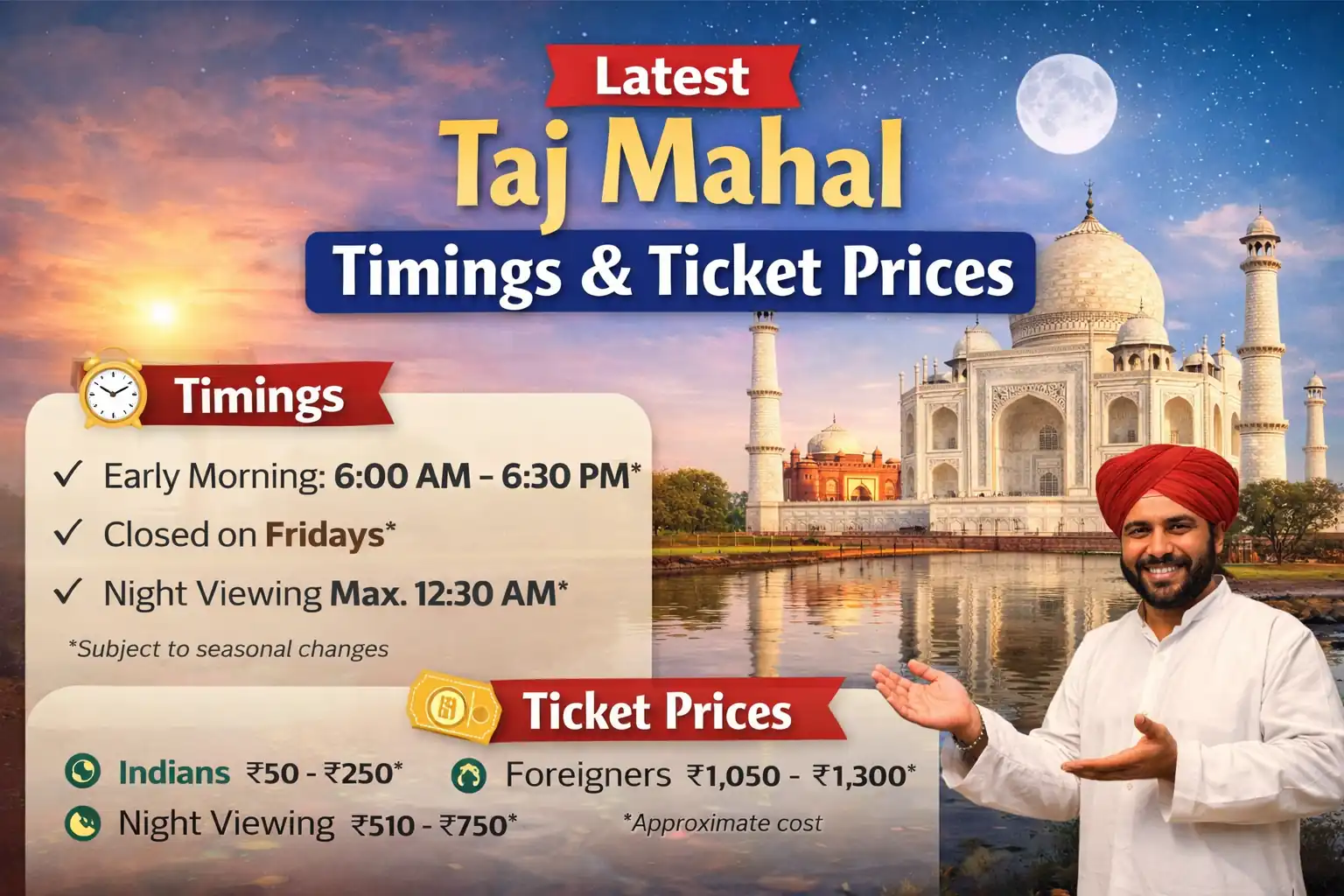 Latest Taj Mahal Timings & Ticket Prices 2026 – Visitor Guide